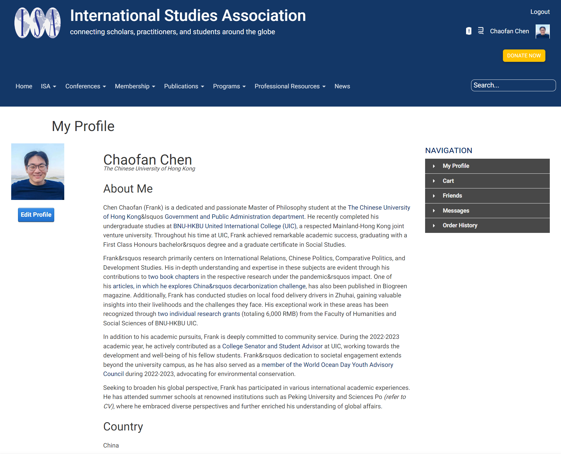 Chaofan Joins Prestigious Political Science Associations – Chen Chaofan Frank